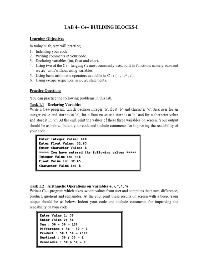 LAB 4-In Lab Tasks | PDF | C++ | Integer (Computer Science)