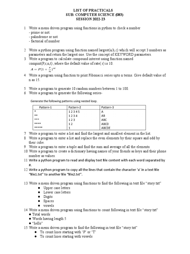 List of Practicals 2022-23 Class Xii CS | PDF | Computing | Computer Programming
