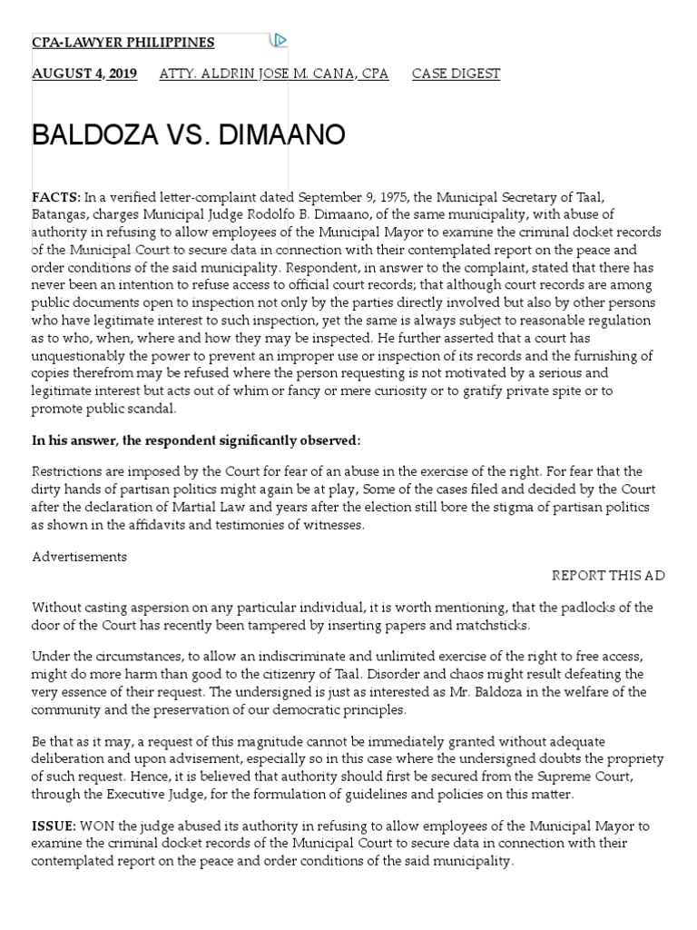 04 Case Digest - BALDOZA VS. DIMAANO | PDF | Democracy | Political ...