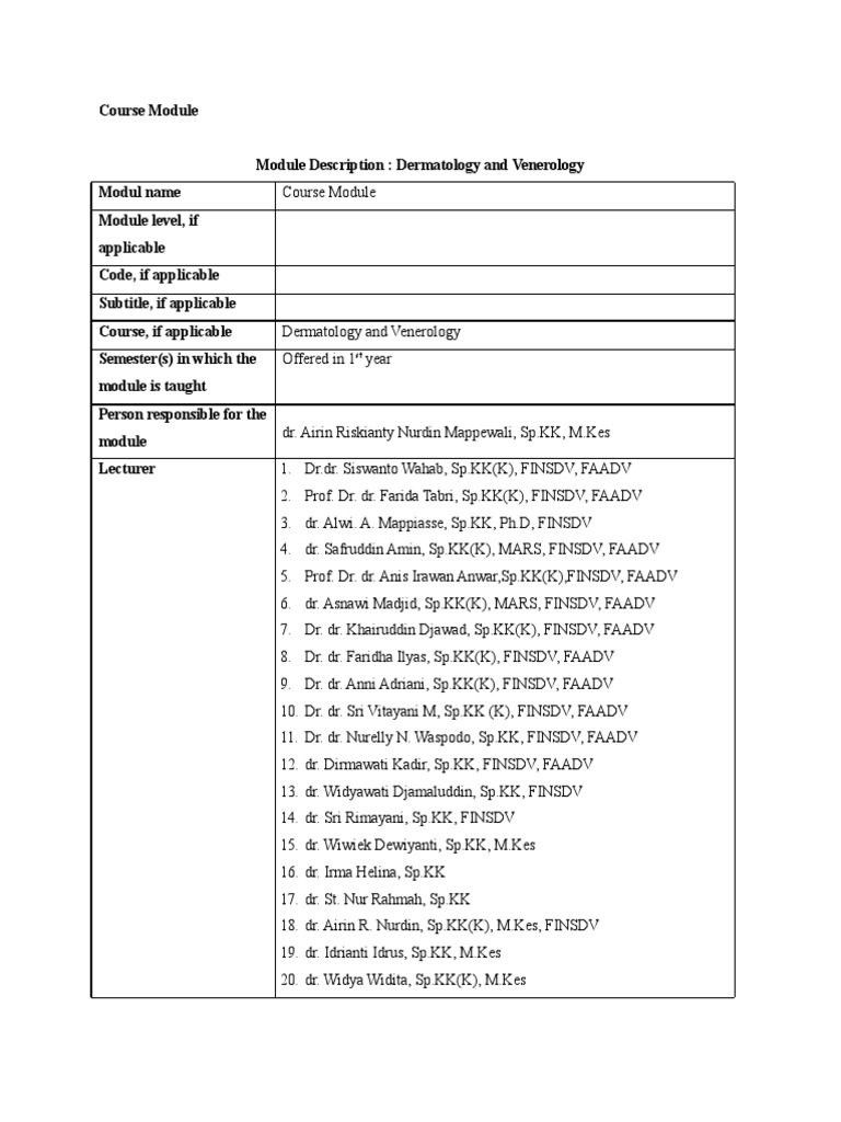 Course Module Dept Dermatology and Venerology | PDF | Medicine ...