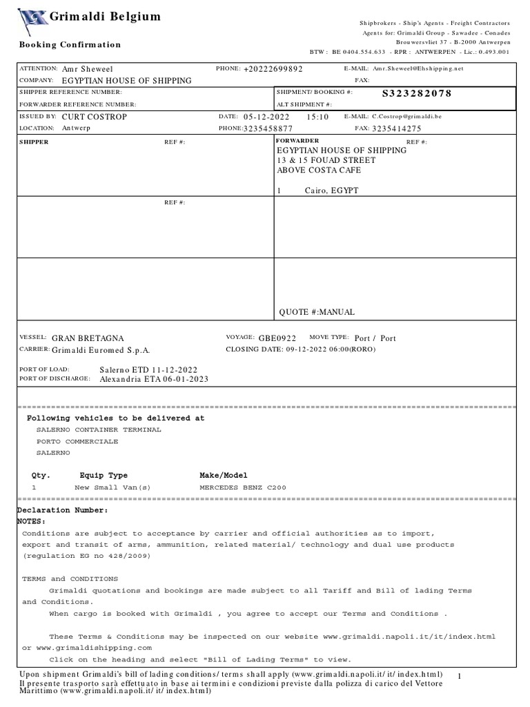 Bo Booking Confirmation: Antwerp | PDF | Cargo | Bill Of Lading