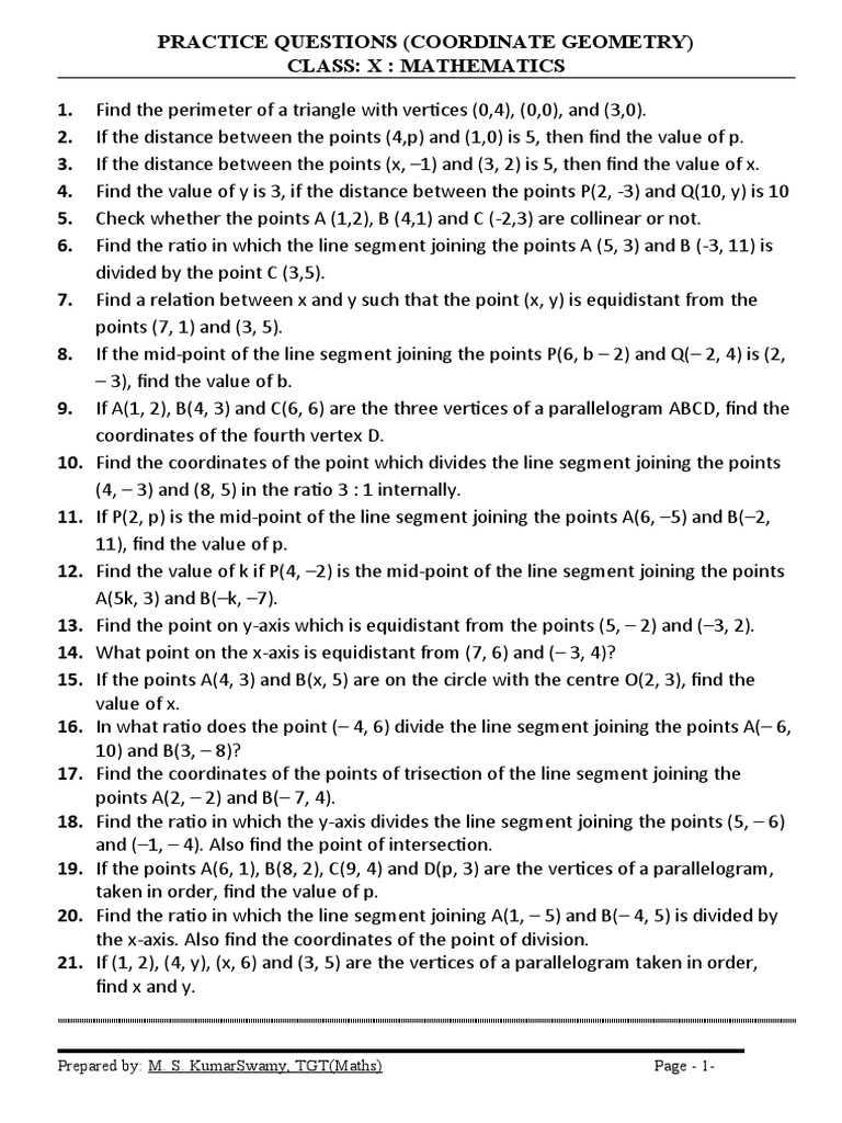 Practice Questions Coordinate Geometry Class X | PDF | Line (Geometry ...