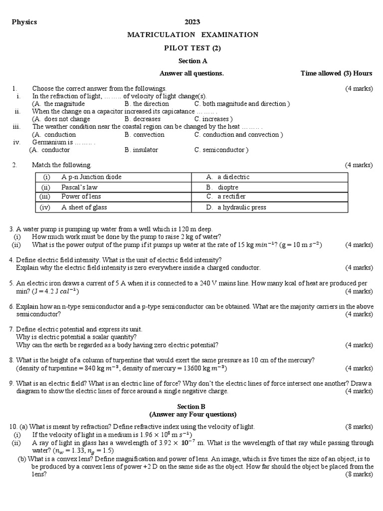 Physics 2023 Matriculation Examination Pilot Test | PDF | Resistor ...