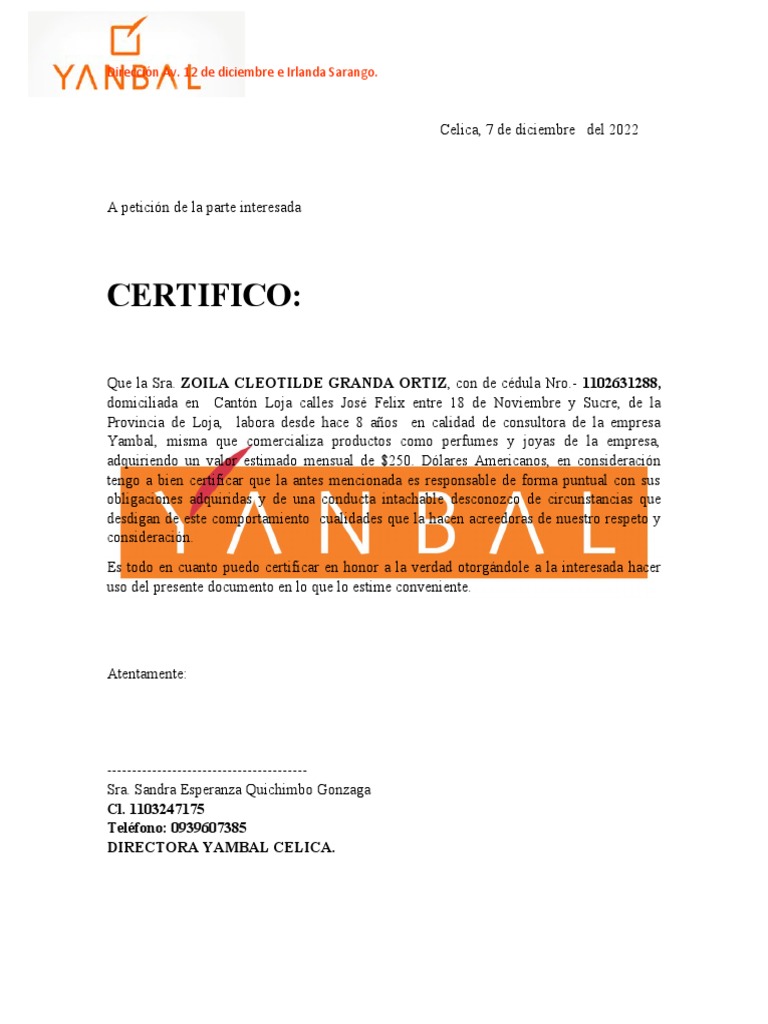 Certificado Sandra Quichimbo | PDF