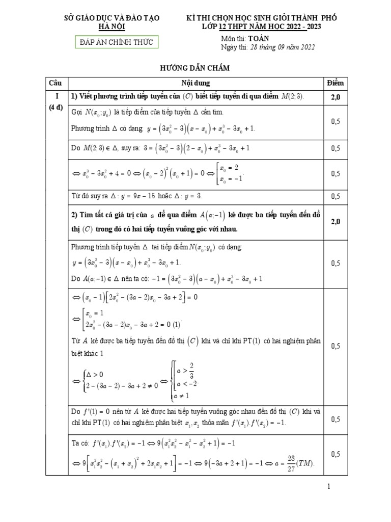 Đáp Án HSG Môn Toán L P 12 Vòng 1 TP Hà N I 2022-2023 PDF | PDF
