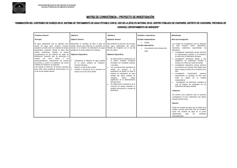Matriz de Consistencia Final 20091 | PDF | Agua | Agua potable