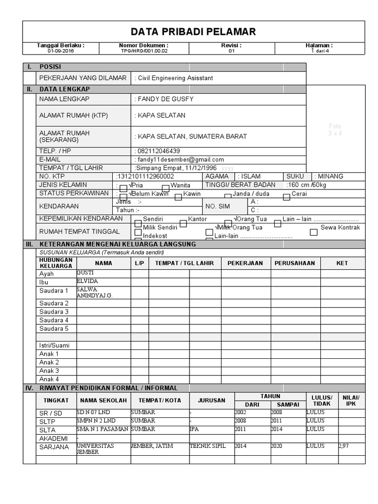 Formulir Data Pribadi Pelamar TPA Fandy | PDF