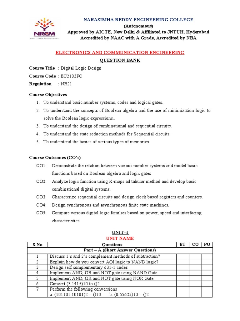 Question Bank - ECE - DLD | PDF | Logic Gate | Information And ...