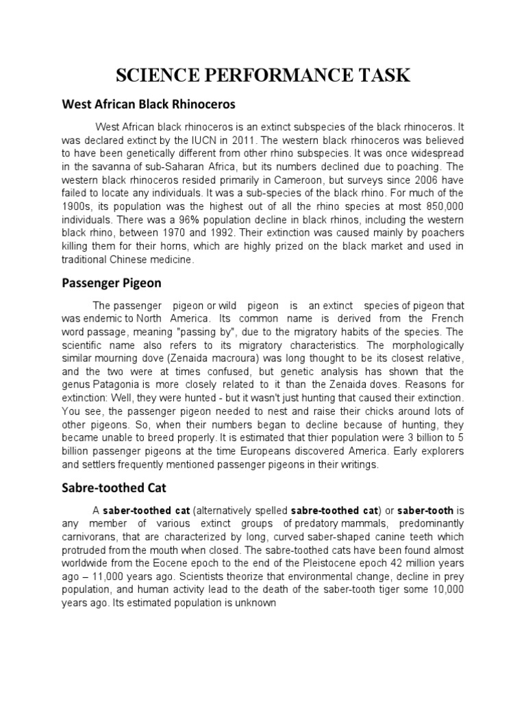 Science Performance Task 9 | PDF | Rhinoceros | Columbidae