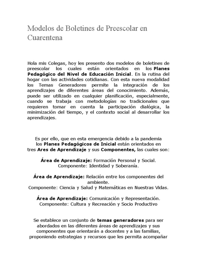Modelos de Boletines de Preescolar en Cuarentena | PDF | Educación de ...