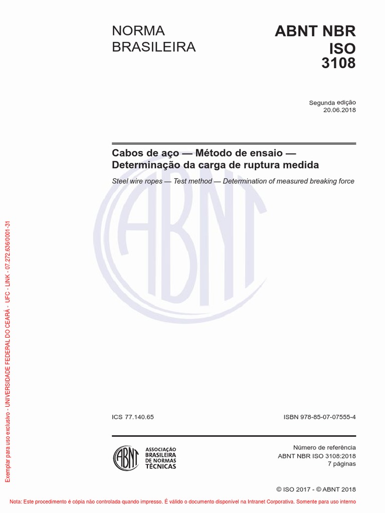 NBR ISO 3108 - CABOS DE AÇOS - Determinar Carga de Ruptura | PDF ...
