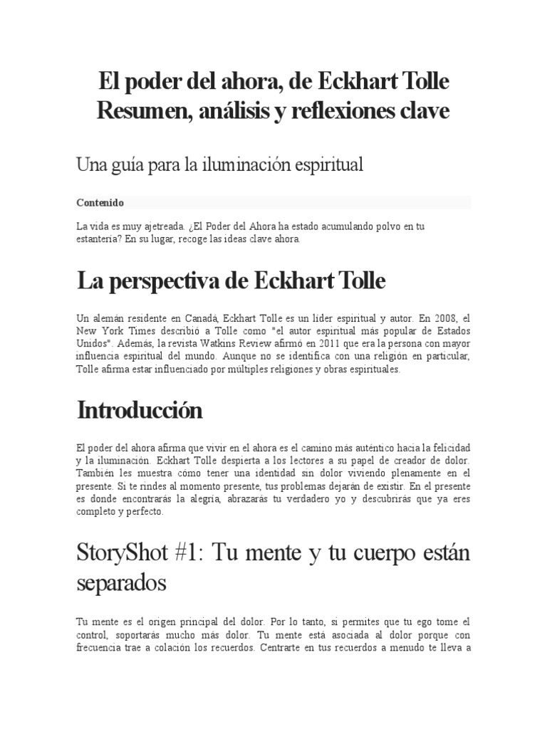 El Poder Del Ahora - Resumen y Analisis | PDF | Mente | Pensamiento
