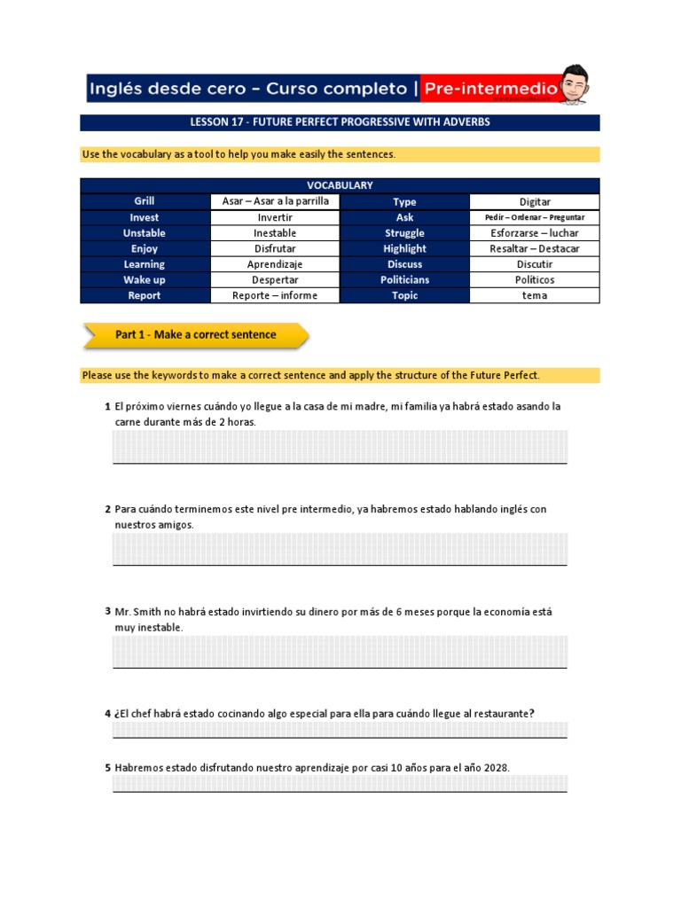 Lesson 17 Futuro Perfecto Progresivo Estructura Pdf Cocinando