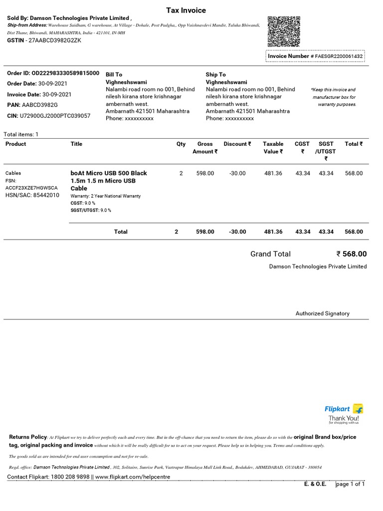 Tax Invoice for Cables Sale | PDF | Economies | Taxes