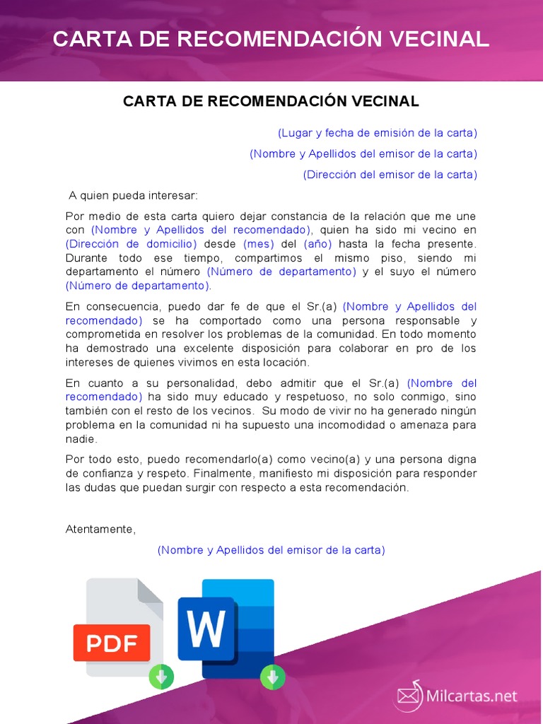Carta de Recomendacion Vecinal | PDF