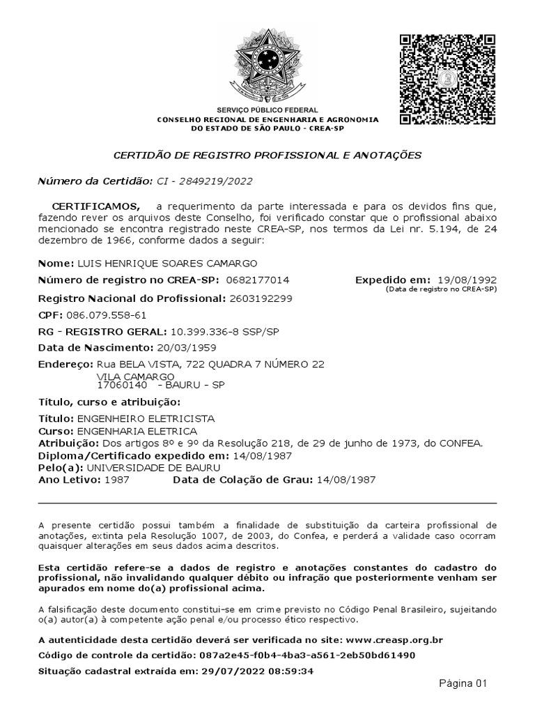 Certidão Registro Profissional e Anotações | PDF