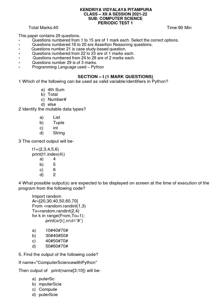 Class 12 Computer Science Test | PDF | Computer Programming ...