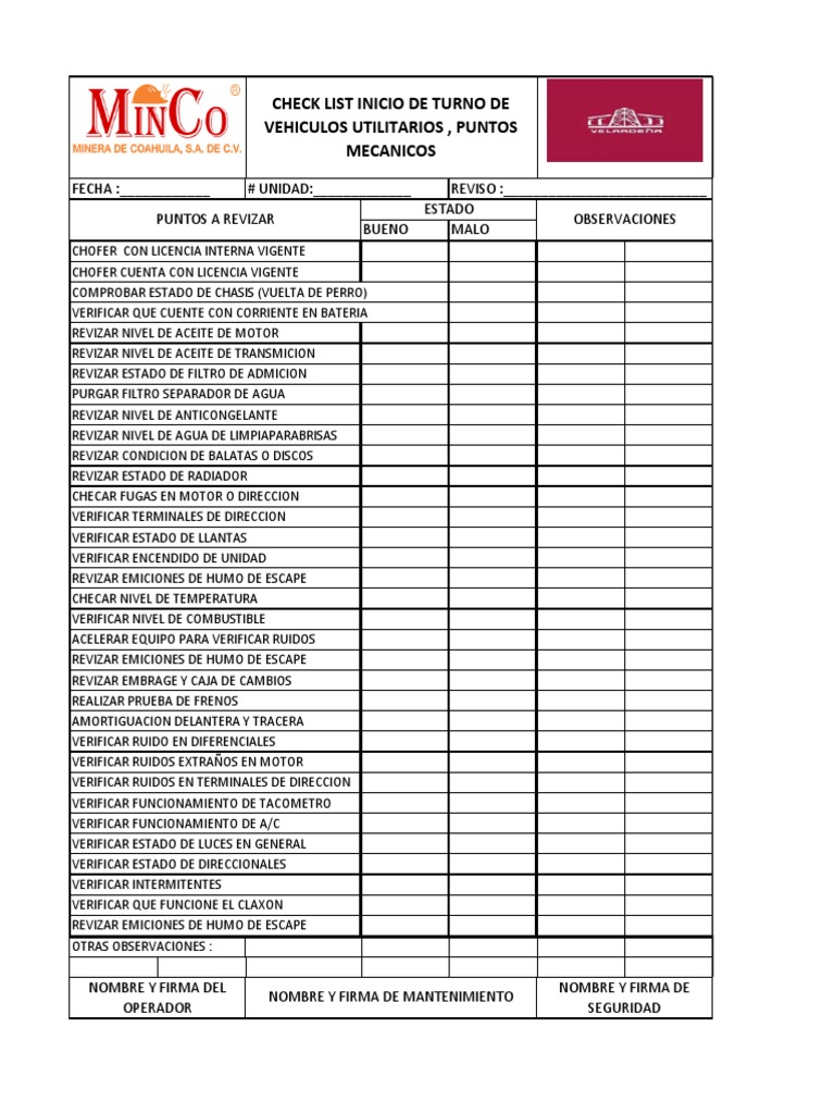 Check List Utilitarios | PDF