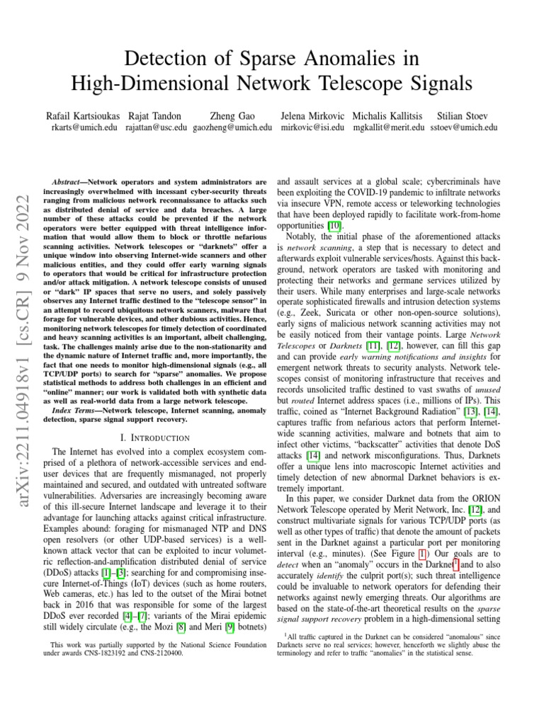 Detection of Sparse Anomalies in High-Dimensional Network Telescope Signals | PDF | Principal ...