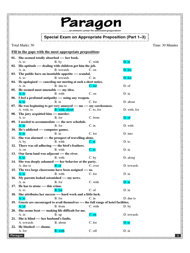 Special Exam On Preposition | PDF