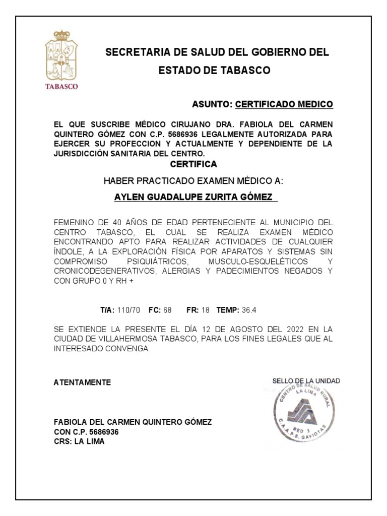 CERTIFICADO MEDICO EDITABLE AYLEN 12.08.22-1 | PDF