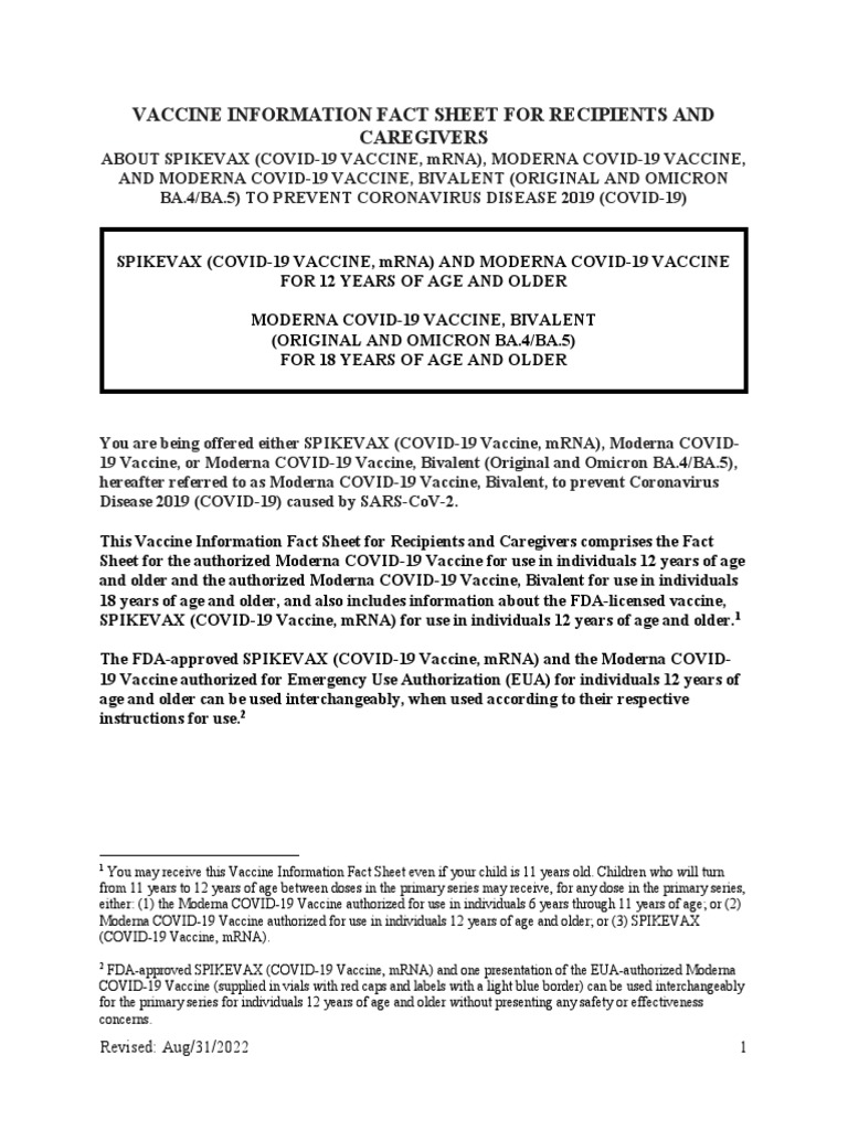 Moderna COVID-19 Vaccine EUA Fact Sheet For Recipients and Caregivers 08312022 | PDF | Health ...