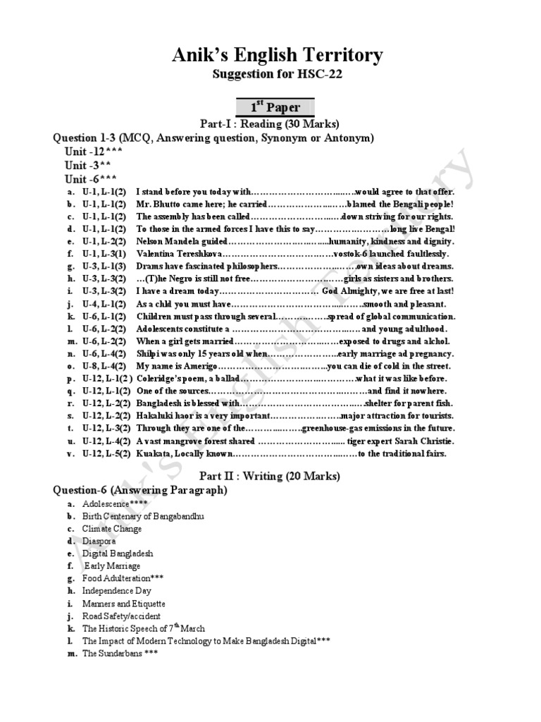 Suggestion For HSC 22 Aniks English Territory | PDF