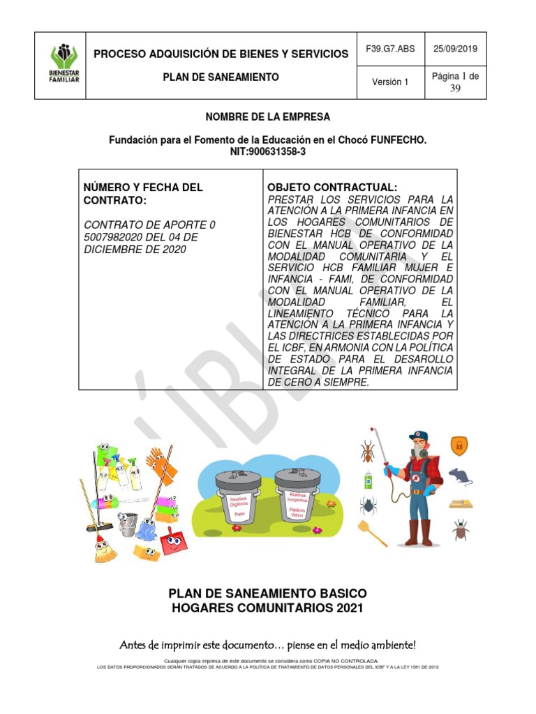 Plan de Saneamiento Basico | PDF | Agua | Alimentos