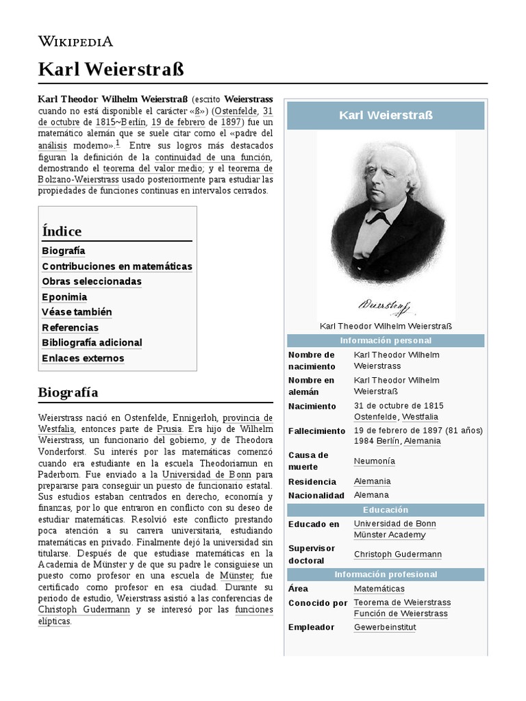 Karl Weierstraß | PDF | Análisis matemático | Matemáticas
