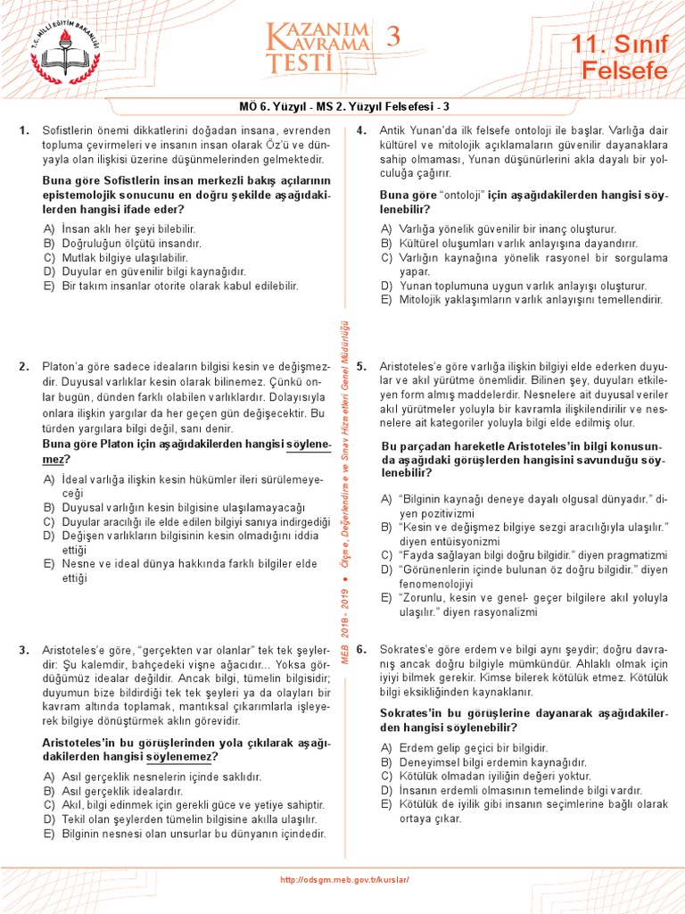 Sınıf Felsefe: MÖ 6. Yüzyıl - MS 2. Yüzyıl Felsefesi - 3 | PDF