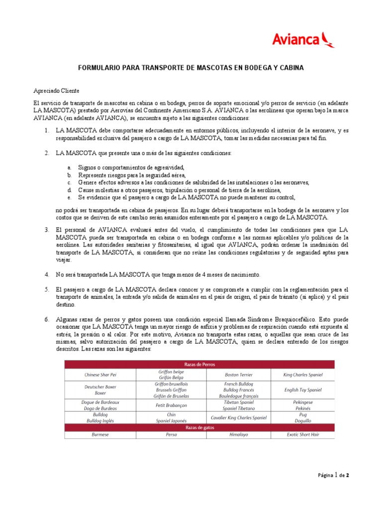 Formulario Para Transporte De Mascotas En Bodega Y Cabina Descargar
