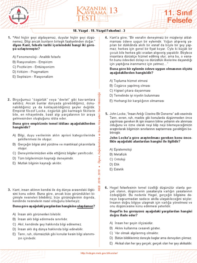 Sınıf Felsefe: 18. Yüzyıl - 19. Yüzyıl Felsefesi - 3 | PDF