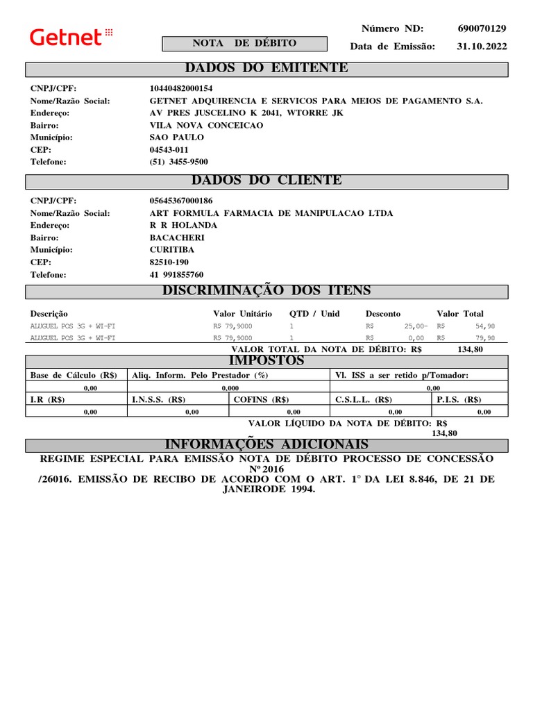 Nota de débito referente a aluguéis de terminais POS para farmácia no ...