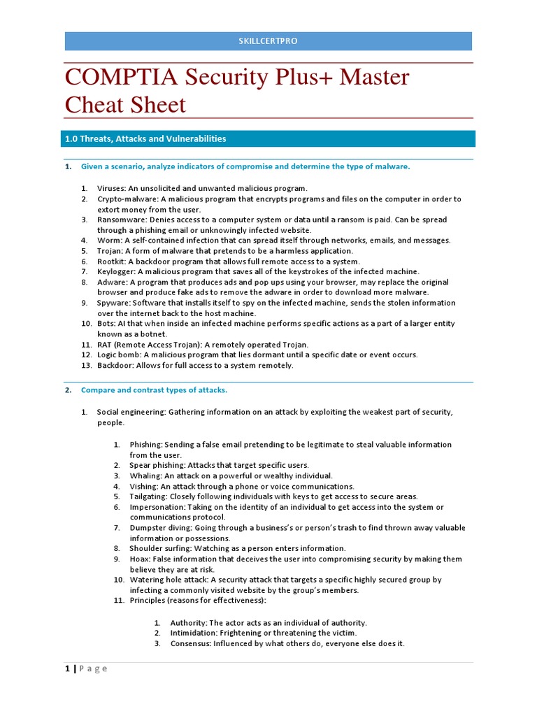 COMPTIA Security Plus Master Cheat Sheet | PDF | Malware | Computer Network