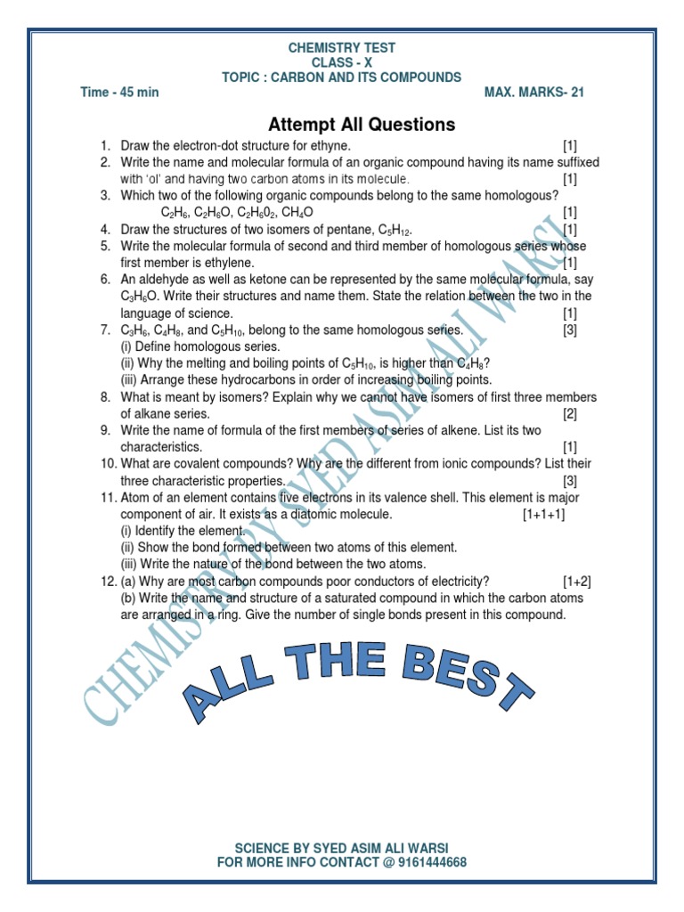 Class 10 Carbon Compounds Test | PDF | Chemical Compounds | Molecules