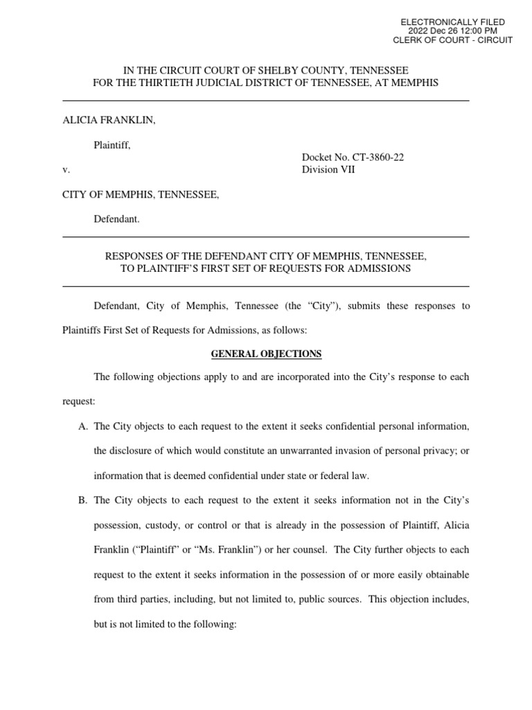 Case Documents - Case Id Ct-3860-22!12!26-2022 - Docket Code Resp To Req For Admission | PDF ...