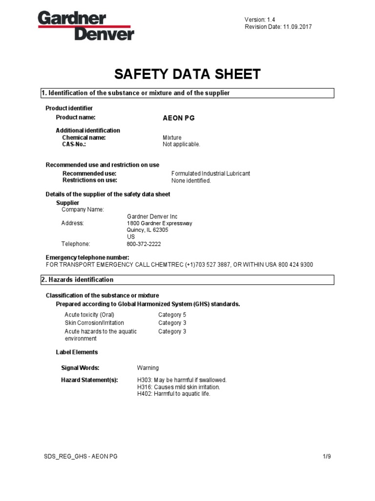 Aeon PG SDS | PDF | Personal Protective Equipment | Toxicity