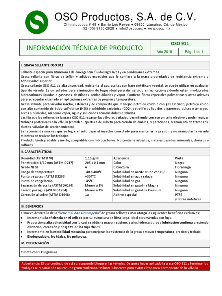Grasa Sellante OSO 911 para Válvulas | PDF | Petróleo | Lubricante