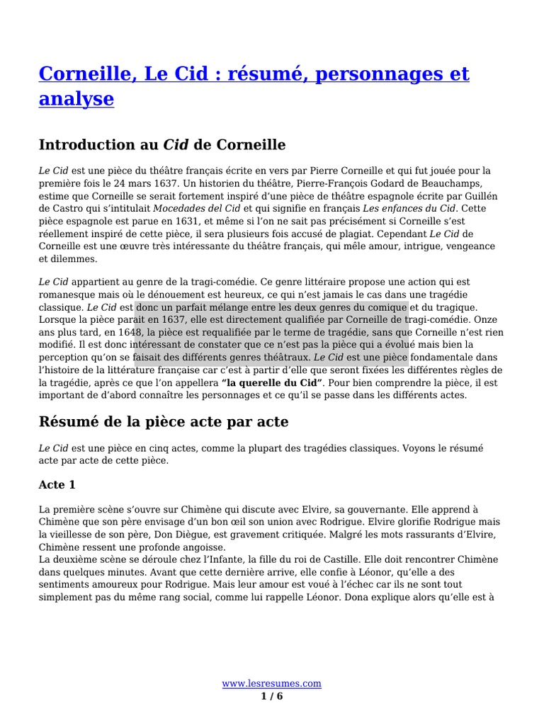 Corneille Le Cid Resume Personnages Et Analyse | PDF | Mystère, thriller et fiction policière