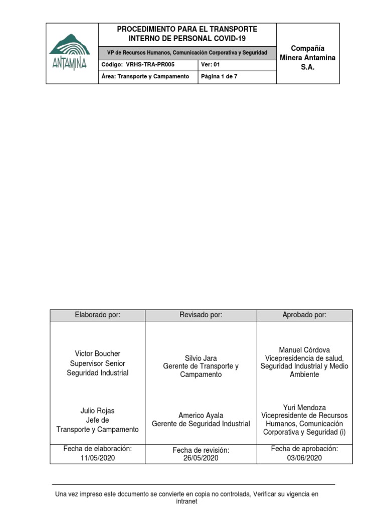 VRHS-TRA-PR005 Transporte Interno de Personal (Aprobado V.1) | PDF ...