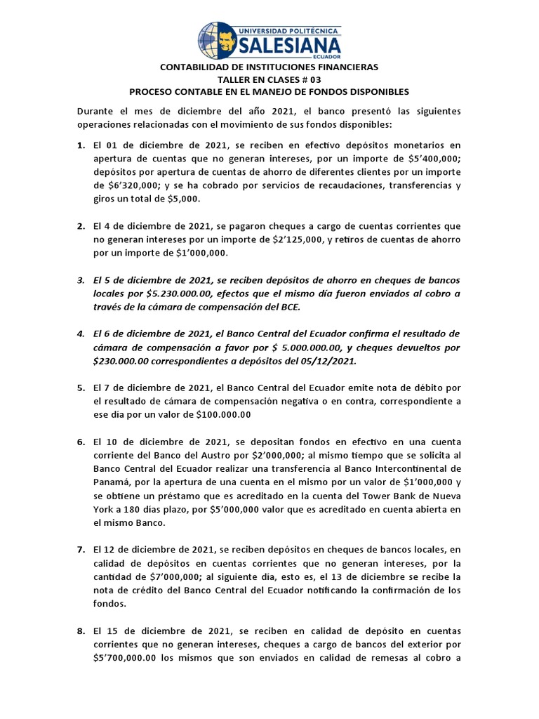 Taller # 03 Ifis - Operaciones Bancarias - P61 | PDF | Bancos | Cheque