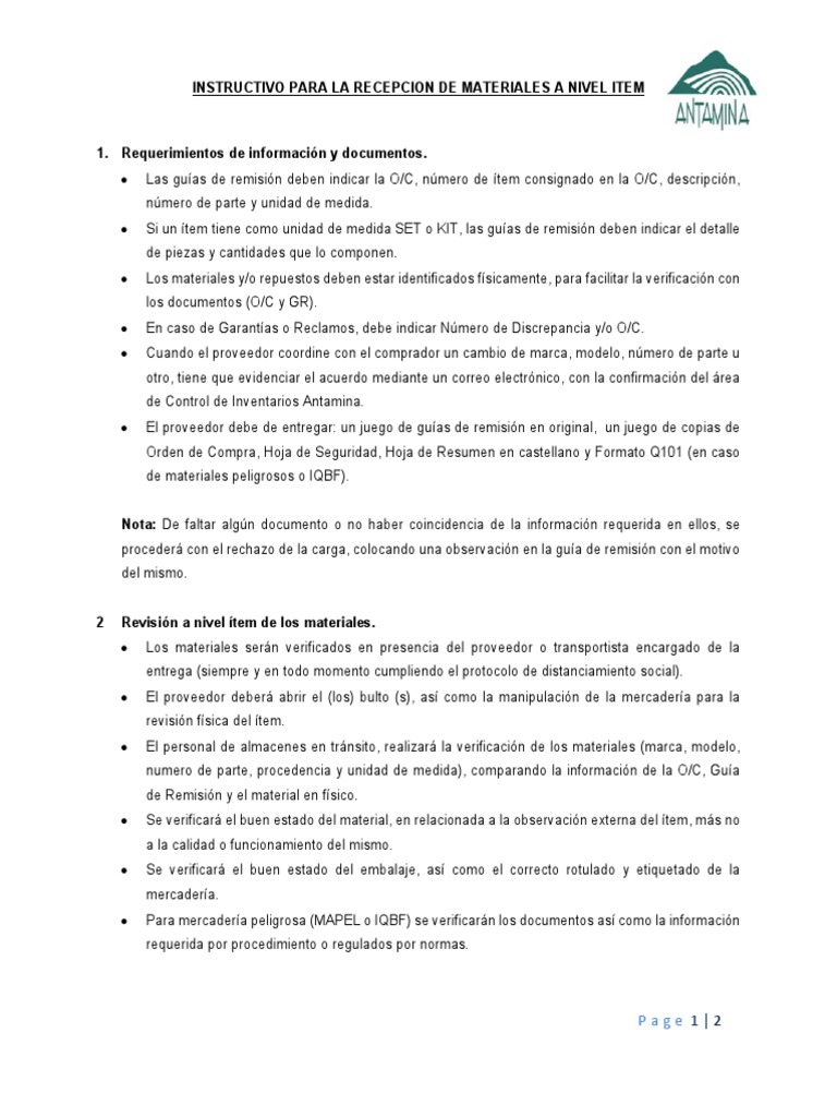 Instructivo Recepción de Materiales A Nivel de Item | PDF