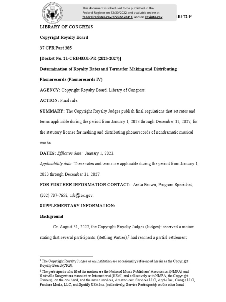 Phonorecords Royalty Rates 2023-2027 | PDF | Cost Of Living | Royalty ...