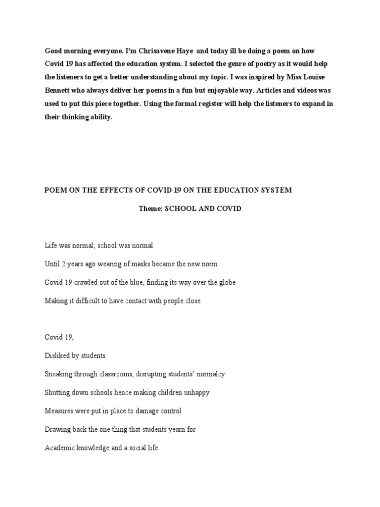 Poem On The Effects of Covid 19 On The Education System | PDF