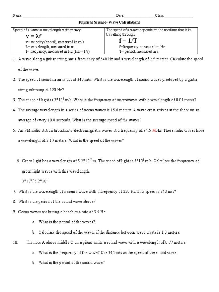Wave Calculations Worksheet-19 | PDF | Frequency | Waves
