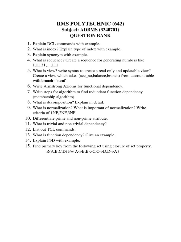 RMS POLYTECHNIC ADBMS QUESTION BANK | PDF