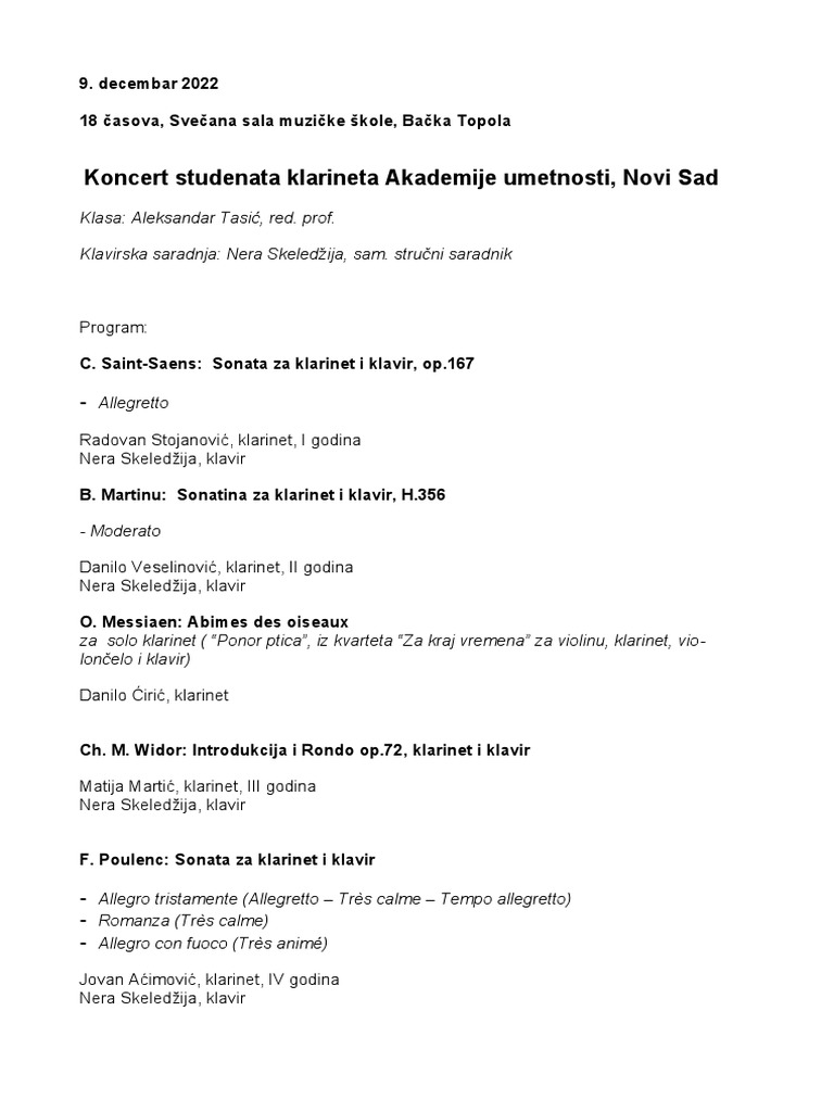 Program Za Koncert, Bačka Topola, 9.12. | PDF