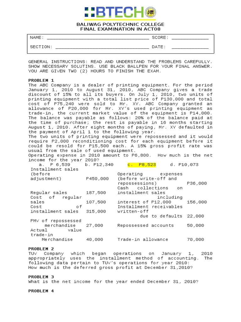 Final Exam ACT08: Accounting Problems | PDF | Franchising | Revenue