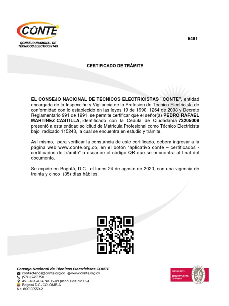 Certificado Tramite CONTE | PDF