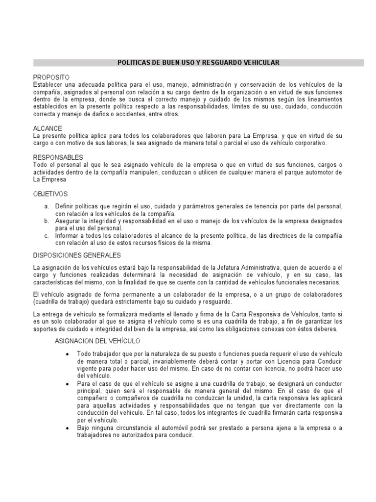 Políticas de Uso y Resguardo Vehicular | PDF | Póliza de seguros | Business